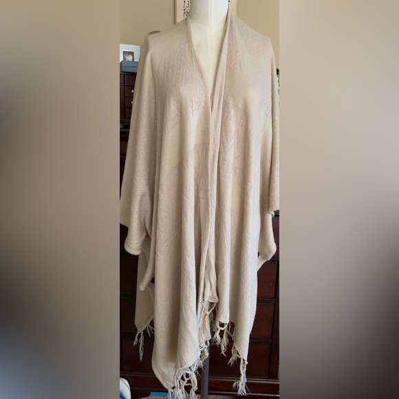 Jackets & Coats | Womens Beige Shawl With Buttons And Fringe One Size ...